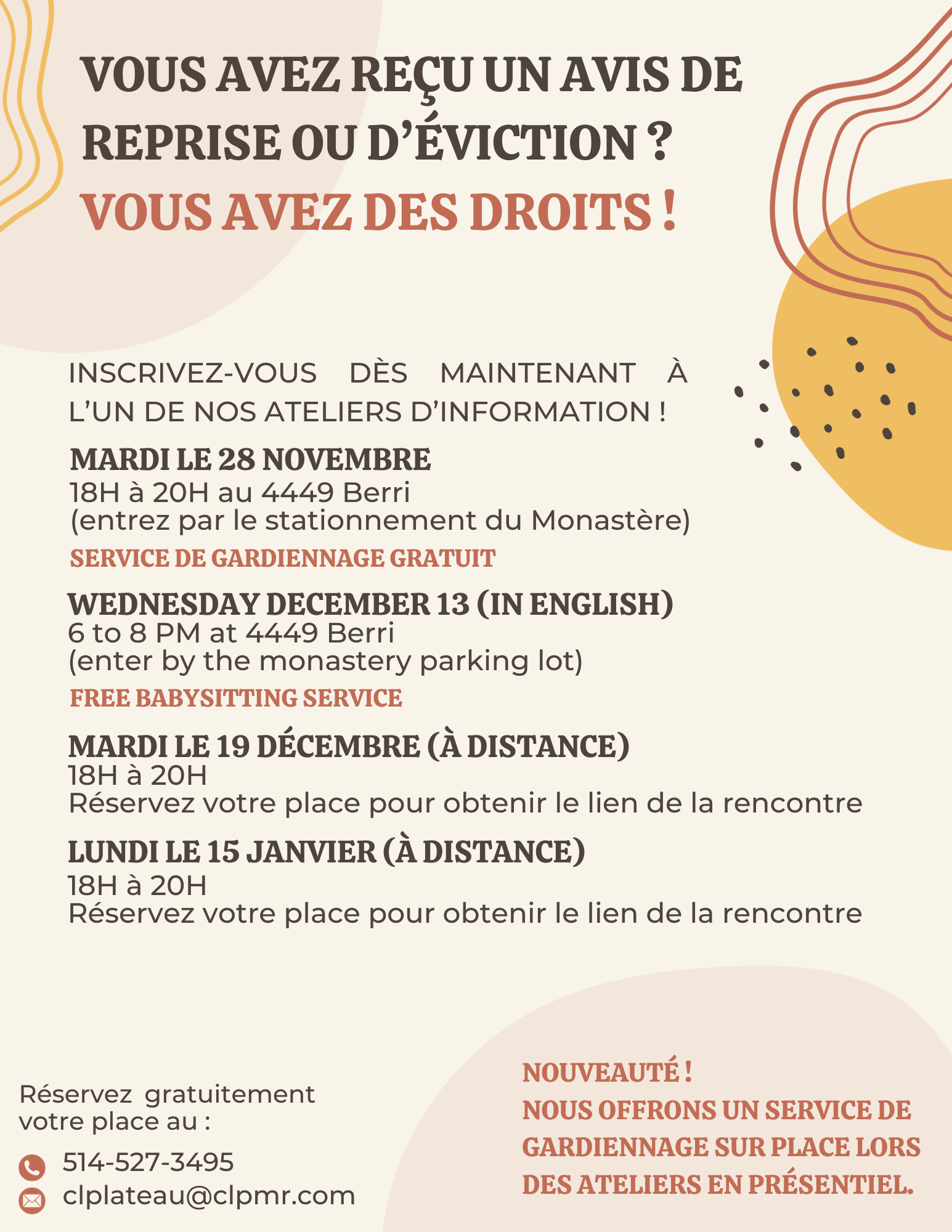 Dates de nos ateliers d’information pour les reprises et les évictions ...